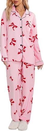 Generic Pyjama imprim&eacute; avec noeud pour femme, short avec poche &agrave; boutons, style mignon, rose, XL