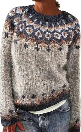 Generic Pull tricot&eacute; vintage &agrave; col rond et manches longues pour femme Motif Fair Isle, 13, 3XL-6XL