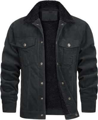 Generic Veste en velours côtelé pour homme, manteau dhiver doublé en polaire épaisse, vestes de camionneur décontractées avec poches, noir 1, XXL