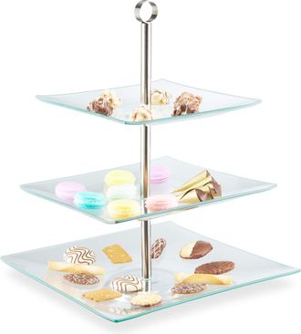 Relaxdays Etagere, 3-stöckig, eckig, Cupcakes, Kekse, Snacks, Obst, Glas, Edelstahl, Servierständer, transparent/silber, 40 x 30 x 30 cm