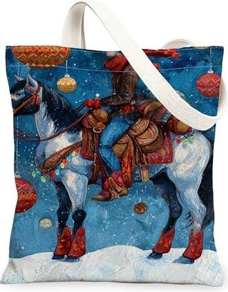 Generic Sacs fourre-tout en toile vintage dhiver, motif cheval de cow-boy, sacs d&eacute;picerie r&eacute;utilisables, sacs d&eacute;picerie rustiques, l&eacute;gers et lavables, toile p