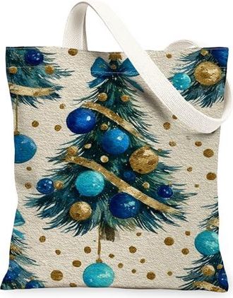 Generic Sacs fourre-tout en toile motif sapin de No&euml;l, sacs d&eacute;picerie r&eacute;utilisables, vintage, l&eacute;gers et lavables avec bandouli&egrave;re pour Tra, Bleu, 13x15 Inch