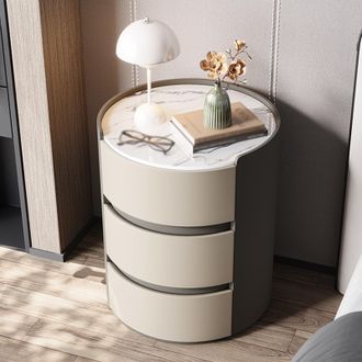 Generic Moderner Runder Nachttisch Mit 3 Schubladen, Massivholz Und Kunstmarmorplatte, Lederumwickelter Nachttisch, Keine Montage Erforderlich(Gray B White,3t