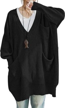 Minetom Pull Femme Automne Hiver Col en V Manches Longues Doux Chaud Pullover Oversize Tricot Haut avec Poches A Noir XXL