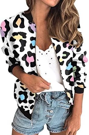 Generic Vestes pour femmes 2026 veste l&eacute;g&egrave;re zipp&eacute;e d&eacute;contract&eacute;e imprim&eacute; manteau col montant court, blanc, XL