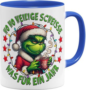 OM3 lustige Weihnachts Kaffee-Tasse mit Spruch - Ho Ho Heilige Scheisse Was f&uuml;r ein Jahr Tasse - Keramik Becher - 325ml - Beidseitig Bedruckt - Blau
