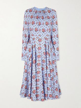 Dolce & Gabbana Robe Midi En Soie M&eacute;lang&eacute;e &Agrave; Imprim&eacute; Fleuri, Fronces Et Ceinture - Bleu