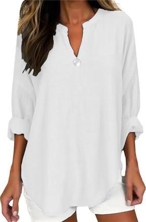 Generic Chemisier &eacute;l&eacute;gant pour femme - Col en V - Chemise en lin - Manches longues - En lin - Avec boutonni&egrave;re - Chemisier en mousseline - Mode - T-shirt ampl
