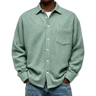Generic Chemise gaufr&eacute;e pour homme et adulte, chemise boutonn&eacute;e &agrave; manches longues, couleur unie, chemise &agrave; revers vintage, d&eacute;contract&eacute;e et de travail avec poc