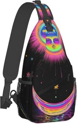 Generic R&eacute;glable Sacoche Homme Bandouliere Art du soleil et de la lune Sling Bag Antivol Sac &agrave; Poitrine pour Voyage Homme &eacute;cole