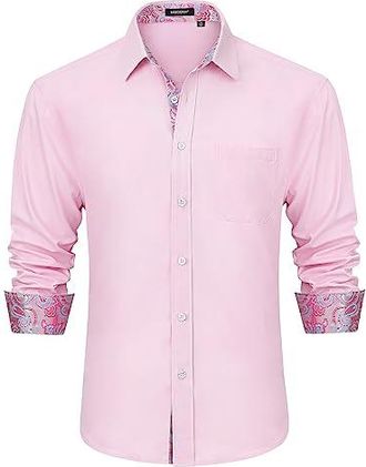 Hisdern Chemises Homme Manches Longues Chemise Décontractée Homme Boutonnées Chemises Formelles Business Chemise Regular Fit Casual Shirt Rose 5XL
