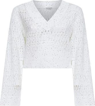 Brunello Cucinelli Femme, Pulls, Blanc, Taille: 44 FR Pull en maille ajour&eacute;e &agrave; col en V et torsades