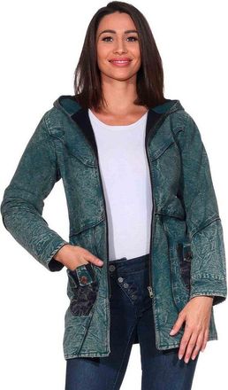 Kunst und Magie Langjacke Vintage Damen Kurz Mantel + Kapuze Stonewashed Jacke Baumwolle Boho Vintage Stonewashed
