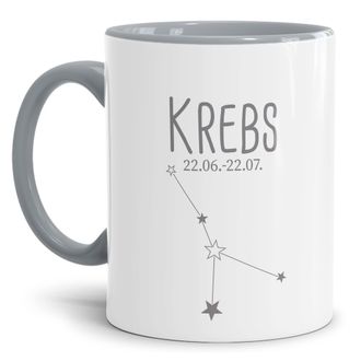 Tassendruck Tasse mit Sternzeichen Krebs - Sternbild Kaffeetasse mit Spruch - Geschenk zum Geburtstag, Horoskop, Astronomie - Keramik Innen & Henkel Grau, 300 ml 