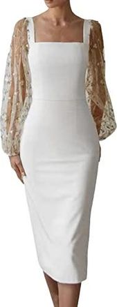 Generic Robe Fluide Grande Taille et à Manches Longues pour Femmes Robe de soirée brodée de Fleurs en Tulle Jupe Longue Noire (White, S)