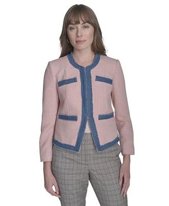 Tommy Hilfiger Collarless Denim Drimmed Open Front Jacket Blazer, Poudre, 36 Femmes