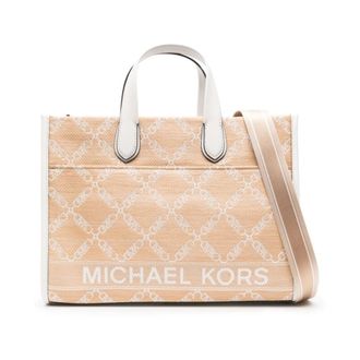 Michael Kors Strohtasche mit Lederbesatz und Monogramm-Jacquardmuster - - Bags - Damen - Beige - ONE SIZE