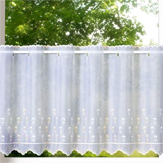 Heimtexland Scheibengardine Voile Stickerei Tulpe Transparent Deko Gardine Landhaus Bestickt Fensterdekoration BistrogardineTyp818 Weiß - Ecru HxB 45 x 148 cm