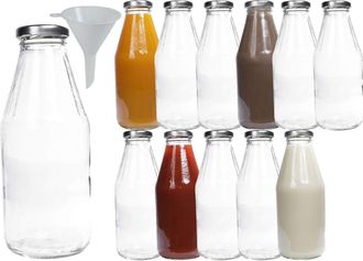 mikken Art 12 x Glasflasche 500 ml, Flasche mit Schraubverschluss silber inkl. Trichter