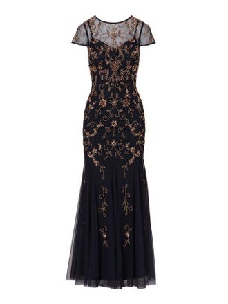 Adrianna Papell Abendkleid Bead Mesh Godet Long Dress &Uuml;ppiges, mit Perlen besticktes Kleid mit Volants