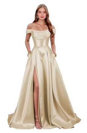 Generic Robes de bal en satin avec fente sans bretelles, corset trapèze, robes de bal à épaules dénudées, longues robes de soirée formelles avec poches, champ