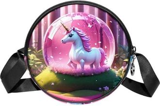 Generic Sac &agrave; bandouli&egrave;re rond pour femme, motif licorne et boule de cristal, petit sac &agrave; bandouli&egrave;re avec fermeture &eacute;clair, bretelles r&eacute;glables, sac &agrave; main r