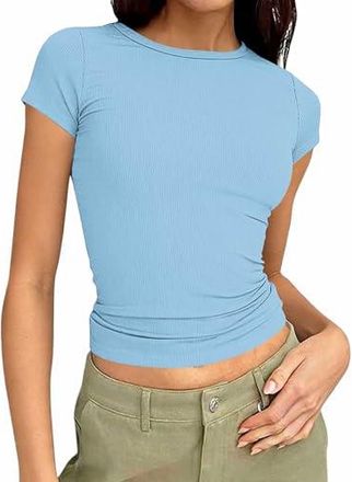 Generic T-shirt Y2K c&ocirc;tel&eacute; pour femme - Coupe ajust&eacute;e - Pull en tricot c&ocirc;tel&eacute; &eacute;l&eacute;gant - Col rond - Couleur unie - Manches courtes - &Eacute;t&eacute; - Haut c&ocirc;tel&eacute; - Haut t