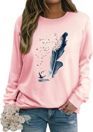 Dresswel Pullover Damen Feder Drucken Sweatshirt Langarmshirt Rundhals Langarm Shirts Herbst Winter Pulli Tops Oberteile Bluse(Rosa,2XL)