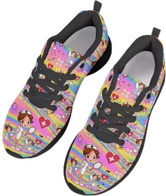 CHAQLIN Femmes Hommes Casual Sport Baskets &Agrave; Lacets Athl&eacute;tique Gym Fitness Formateurs, Mignonne Infirmi&egrave;re Imprim&eacute;e Chaussures De Travail, Taille 40 EU