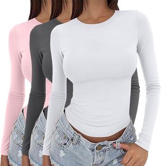 Generic T-shirt ajust&eacute; pour femmes, ensemble de 3 hauts &agrave; manches longues &agrave; col rond, thermiques, extensibles, sous-v&ecirc;tements superpos&eacute;s, basiques, ajust&eacute;s, &agrave;