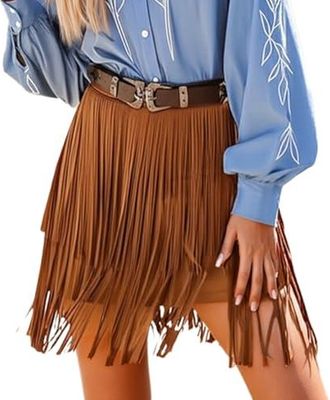 Generic Bkazwe Mini Jupe Courte Cowboy &agrave; Franges - Style Western en Daim Imitation - Sexy pour Festival, Concert & Soir&eacute;e - Fermeture &Eacute;clair Lat&eacute;rale - Jupe B