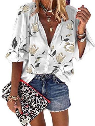 TOMWELL Chemisier Femme Manches Courtes T Shirt Rayures Verticales Chemise Femmes Chic Col en V Blouse Tunique X Blanc XXL