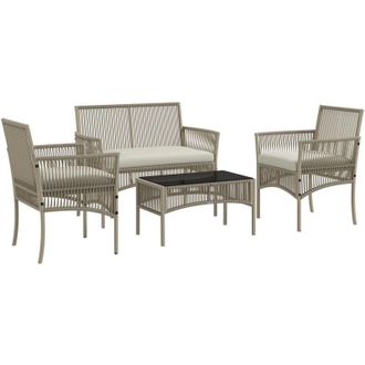OUTSUNNY Salon de jardin 4 places 4 pi&egrave;ces style colonial table basse coussins inclus r&eacute;sine tress&eacute;e fil&eacute;e aspect rotin taupe clair
