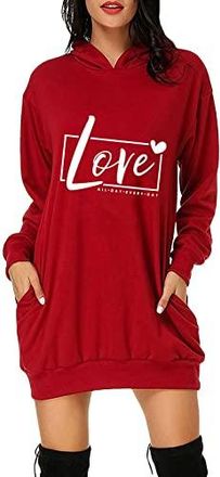 Generic Robe sexy pour femme avec imprim&eacute; lettre de Saint-Valentin - Manches longues - Mignon - Mini robe longue - Sweat-shirt &eacute;l&eacute;gant avec poches - Robe pull