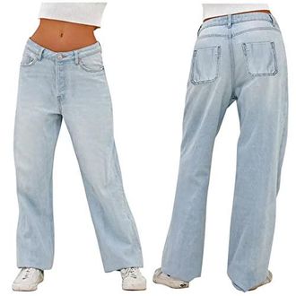 Generic Baggy Jeans Y2K Pantalon en jean pour femme Style ann&eacute;es 90 Style Boyfriend D&eacute;contract&eacute; Coupe droite &Eacute;l&eacute;gant Couleur unie Pantalon droit avec poches P