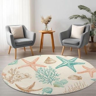 Generic Kaki Tapis Rond Art D&eacute;co - 100 cm Lavable Doux et antid&eacute;rapant Tapis, Corail &Eacute;toile De Mer Coquillage Impression pour Chambre &agrave; Coucher Salon Vestibul