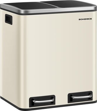 Songmics Mülleimer Küche, 2 x 15 Liter, Mülltrennsystem 2 Fächer, inklusive 15 Müllbeutel, Abfalleimer, Treteimer, recycelbare Abfälle, Biomüll, Softclose-Deck