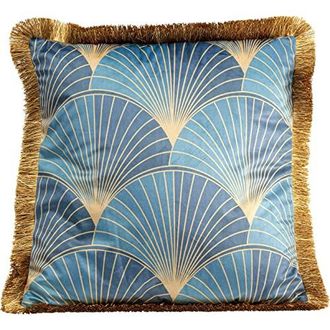 Kare Design Design Kissen Leaves Fringe, Blau/Gold, 45x45cm, Zierkissen, Dekokissen, Couchkissen mit Rei&szlig;verschluss