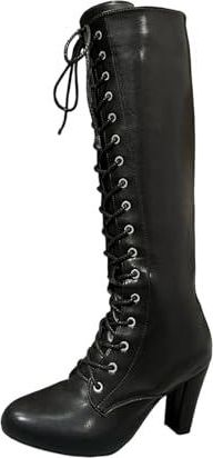 Generic Bottes hautes pour femme &agrave; talon bloc - &Eacute;l&eacute;gantes - Couleur unie - Style r&eacute;tro - &Agrave; lacets - Style classique - Confortables - Fermeture &eacute;clair lat&eacute;rale