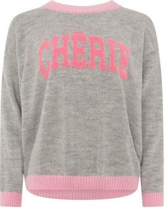 Zwillingsherz Strickpullover Cherie Rundhals, farbig abgesetzte Kanten, Schriftzug, One Size
