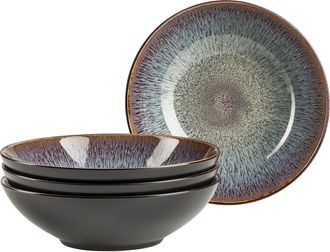 Mäser 935130 Serie Teona, 4er Suppenteller Set mit grün-brauner Reaktivglasur, 4 große tiefe Teller für Pasta und Suppen aus Keramik in modern dezenter Coup
