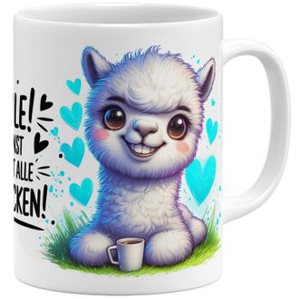 OM3 Lustige Alpaka Kaffee-Tasse mit Spruch - L&auml;chle! Du kannst sie nicht alle anspucken! - Statement - Keramik Becher - 325ml - Rundumdruck - Weiss
