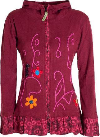 vishes Alternative Bekleidung - Damen Sommerjacke Blumen-Strickjacke Elfenjacke Kapuzi R&uuml;schen dunkelrot 34-36