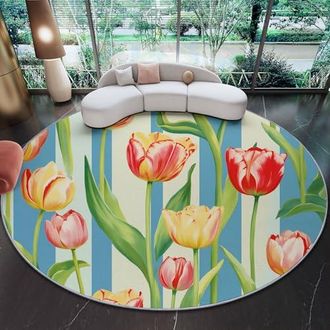 Generic Tapis Rond en Flanelle 140 cm, Dessiné à la Main Tulipes Délicat Floral Imprimé, Rose Tapis Circulaire Doux et Confortable antidérapant, Design élégan