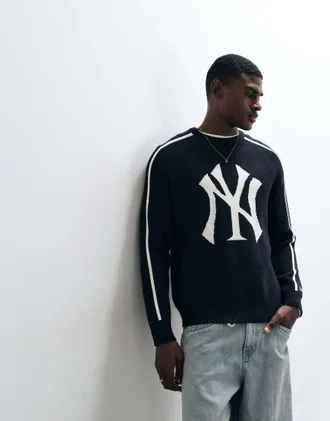 New Era NY Yankees - Pull en maille &agrave; grand logo et liser&eacute;s contrastants - Bleu marine