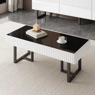 STILVORA Table Basse avec Structure en Fer, Plateau Noir Brillant Partiel, Style Moderne, en MDF et Panneaux, Noir Blanc