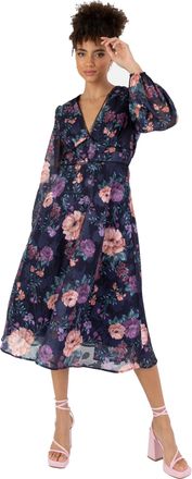 Anaya with Love Womens Midi Dress Ladies Long Sleeves V-Neck Floral Print A-line for Wedding Guest Evening Occasion Party, Navy, 36