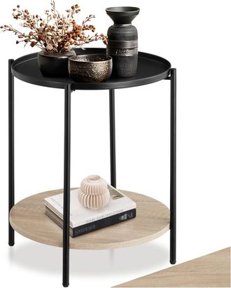 TecTake Beistelltisch rund, Nachttisch Metall und Holz, Couchtisch rund mit Stauraum auf 2 Ebenen, abnehmbares Tablett, Deko Schlafzimmer, Wohnzimmer M&ouml;bel - 