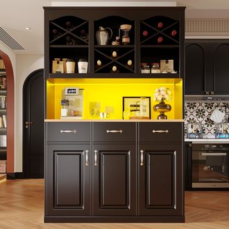 Generic HUQIQWE K&uuml;chenschrank Schwarz Mit LED-Beleuchtung, Hoher Buffetschrank K&uuml;che Mit 3 T&uuml;ren Und 3 Schubladen, Anrichte Aus MDF Mit Stauraum F&uuml;r K&uuml;che Ess