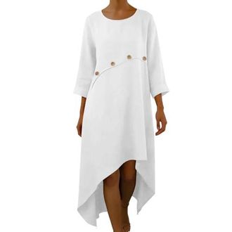 Generic Robe mi-longue d&eacute;contract&eacute;e &agrave; manches 3/4 en coton et lin avec col rond et bordure boutonn&eacute;e pour femme, blanc, XXL